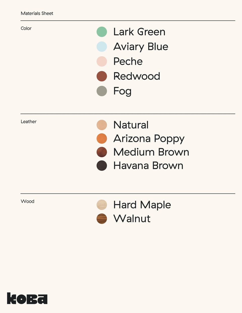 Material Sheets – KOBA FURNITURE